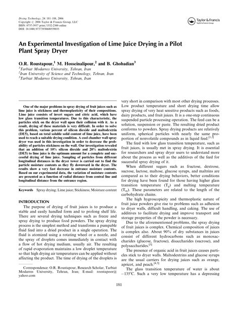 Pdf An Experimental Investigation Of Lime Juice Drying In A Pilot