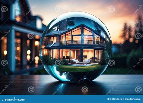 Glass Globe With Tiny Modern House Inside Near Big Real Cozy House With Lights In Windows In