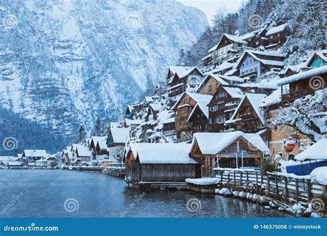 Hallstatt In Mystic Twilight In Winter Salzkammergut Austria Stock