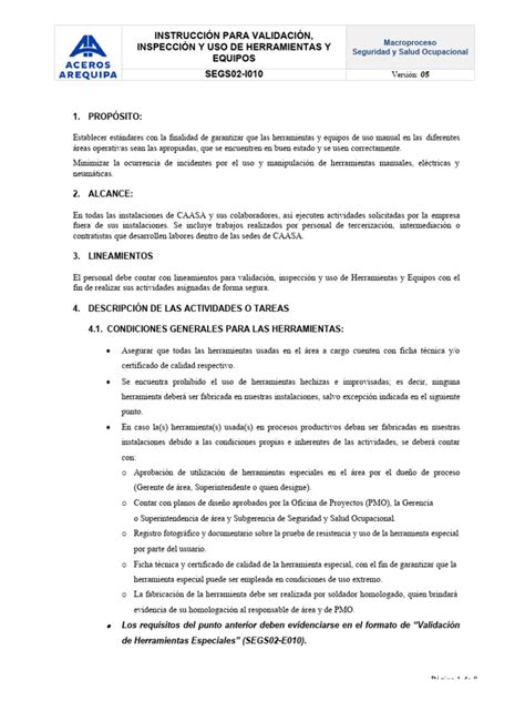 Segs02 I010 Instruccion Para Validacion Inspeccion Y Uso De Herramientas Y Equipos Pdf