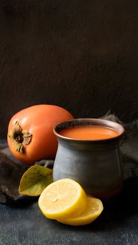 Quince Juice In Ceramic Cup With Sliced Fruit Natural Shadow And Top