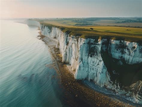 Premium Photo A White Cliffs With Grass And A Body Of Water