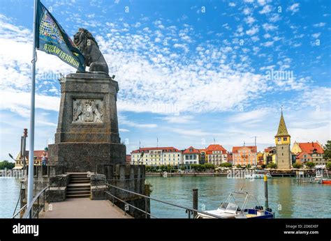 Lindau Germany July 19 2019 Lion Statue At Harbor Entrance On Lake