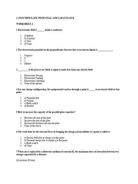 Electrostatic Potential Worksheet Pdf