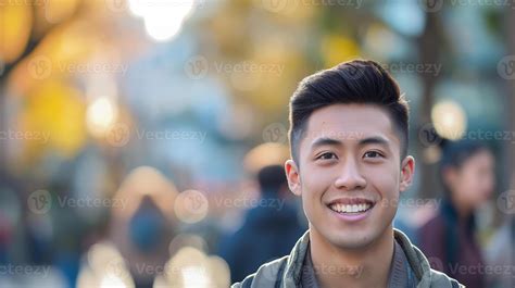 Young East Asian Man Smiling Outdoors Blurred Background Bright Day
