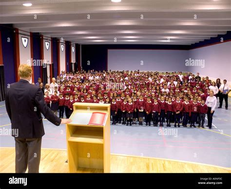 Headteacher Assembly School Teachers Pupils With Head Headmaster Taking