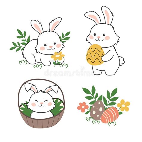 Set Of Easter Bunnies Cute Holiday Characters Traditional Symbol Of The Easter Hunt Colorful