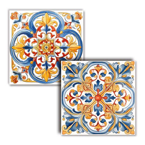 Watercolor Tiles Mediterranean Style Colorful Blue Red Orange