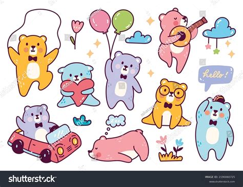 Set Cartoon Teddy Bear Poses Doodle Stock Vector Royalty Free