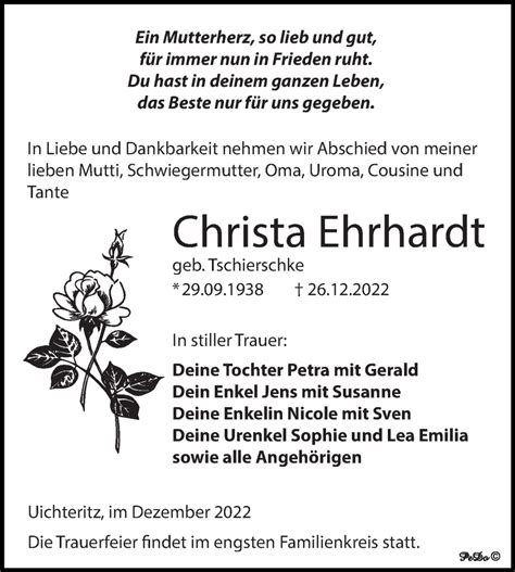 Traueranzeigen Von Christa Ehrhardt Abschied Nehmende