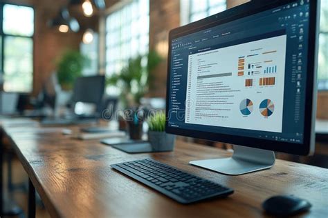 Modern Office Workspace With Computer Showing Data Analysis Charts