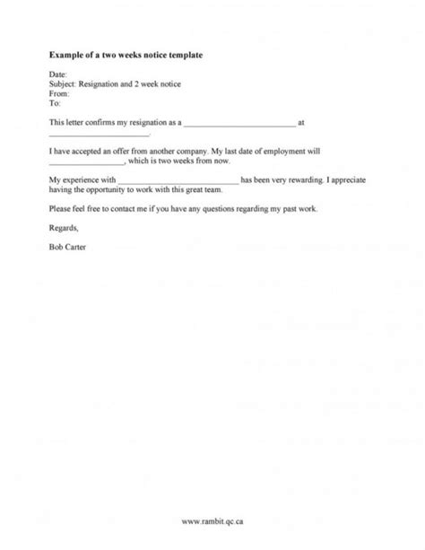 Printable 2 Weeks Notice Email Template Example Tacitproject