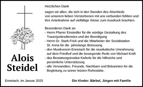 Traueranzeigen Von Alois Steidel Schwaebischede Trauerportal