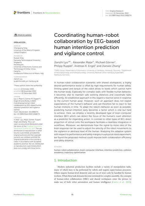 Pdf Coordinating Human Robot Collaboration By Eeg Based Human