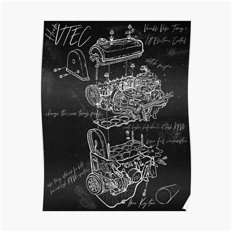 Vtec Engine Drawing Poster By Maddie Iceee Redbubble
