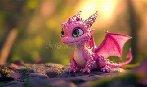 Cute Pink Dragon Character With Large Eyes And Tiny Wings In A Magical