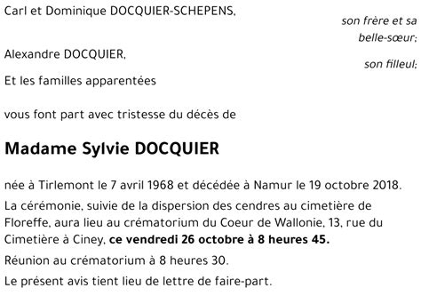 Avis De Décès De Sylvie Docquier Décédé Le 19 10 2018 à Namur Annonce Condoléances Fleurs