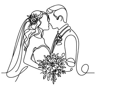 One Continuous Single Drawing Black Line Art Doodle Wedding Couple