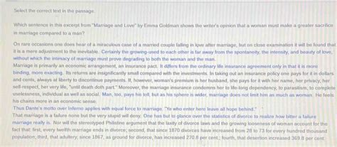 Solved Select The Correct Text In The Passage Which Sentence In This Excerpt From Marriage