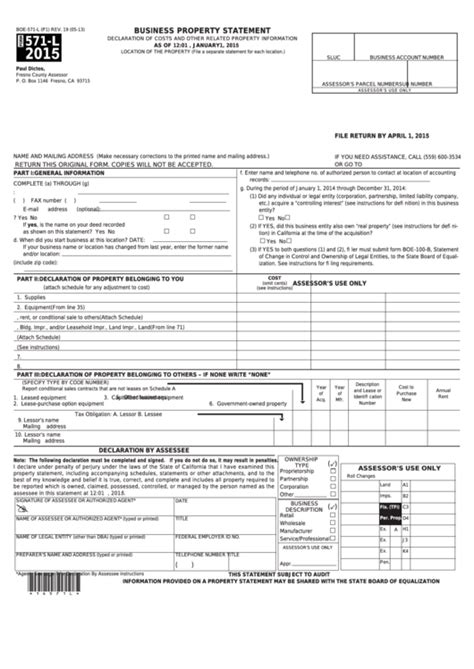 Fillable Form 571 L Business Property Statement 2015 Printable Pdf