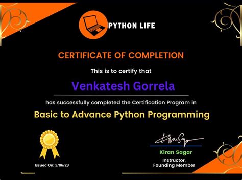 Certificate Of Completion Of Basic To Advanced Python Programming