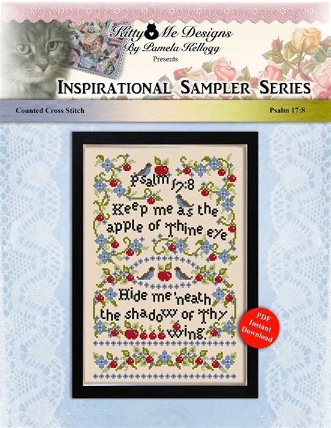 Inspirational Cross Stitch Sampler Psalm 17 8 Pattern Instant Digital