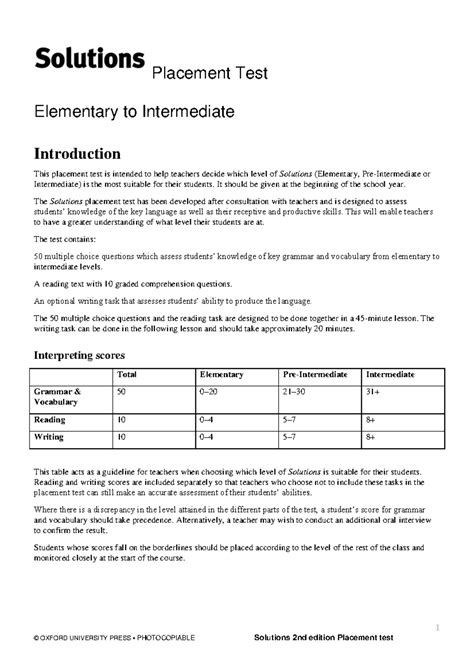 Test Assignment 1 Placement Test Elementary To Intermediate