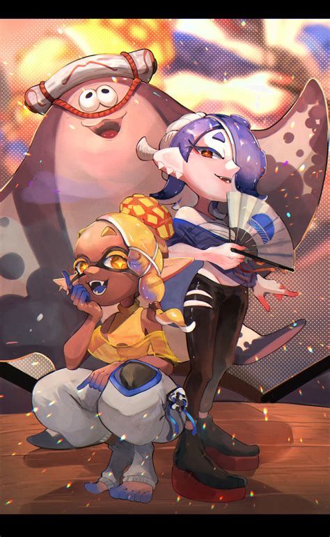 Safebooru 1boy 2girls D Big Man Splatoon Black Pants Black Socks