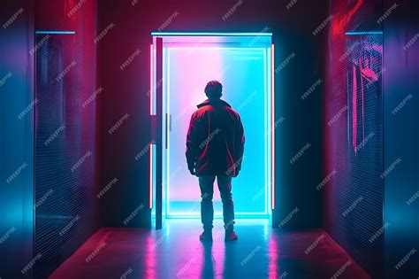 Premium Photo Man Steps Into Door Entrance To The Future Moving Forward To Metaverse New