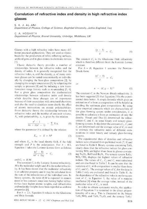 Pdf Correlation Of Refractive Index And Density In High Refractive