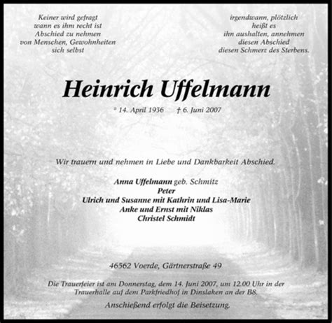 Traueranzeigen Von Heinrich Uffelmann Trauer In Nrwde