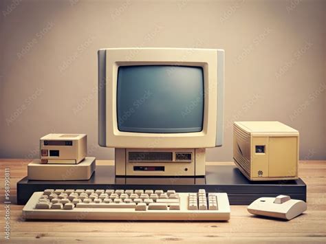 Vintage Beige Computer With Crt Monitor And Nostalgic Keyboard Surrounded By Floppy Disks And