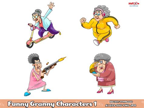Funny Granny Cartoon Characters 1 Digital Clip Art Vector Graphic