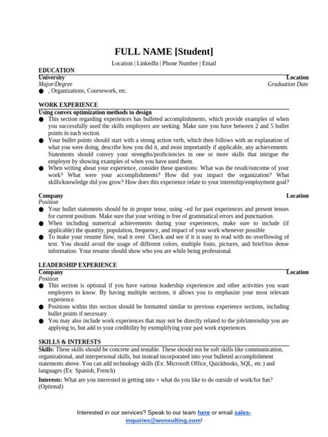Wonsulting Resume Template Guide Pdf Customer Relationship