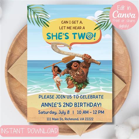 Moana 2nd Birthday Invitation Editable Template Digital Download Etsy