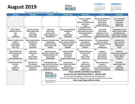 Monthly Menu Beloit Meals On Wheels
