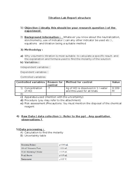 Titration Lab Report Format Titration Lab Report Structure Objective