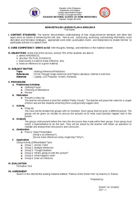1st Quarter Lesson Plan In Making Inferences Republic Of The