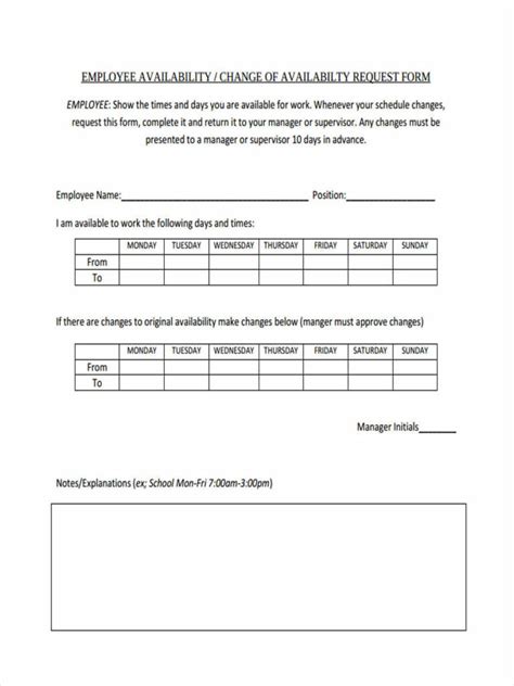 Employee Availability Form Pdf Printable Form 2024