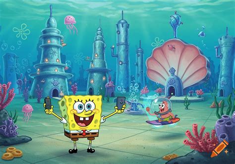 Spongebob Squarepants Smiling With Arms Outstretched In The Vibrant Underwater World Of Bikini