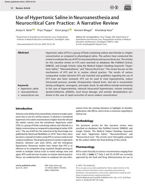 Pdf Use Of Hypertonic Saline In Neuroanesthesia And Neurocritical