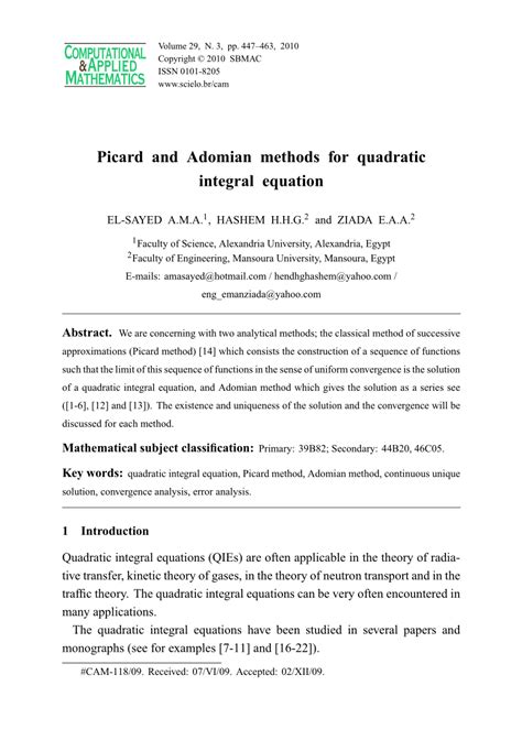 pdf picard and adomian methods for quadratic integral equation