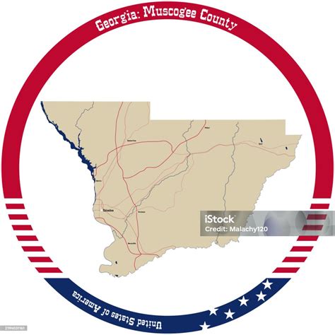 미국 조지아주 Muscogee 카운티의 지도가 원형으로 정렬되어 있습니다 0명에 대한 스톡 벡터 아트 및 기타 이미지 0명 강 고속도로 Istock