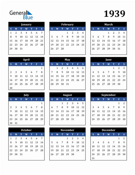 Free 1939 Calendars In Pdf Word Excel