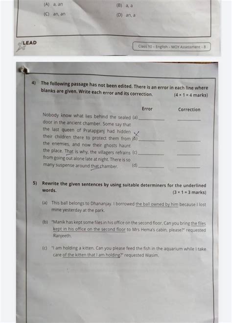 rewrite the given sentences by using suitable determiners for the underl