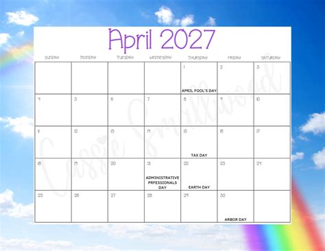 Printable 2027 Monthly Calendar With Holidays Cassie Smallwood