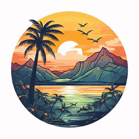 Premium Vector Round Sticker Of A Sunset Beach Vector