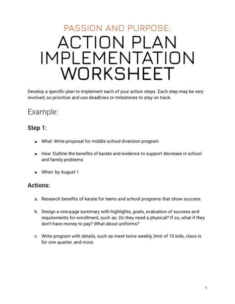 Passion And Purpose Action Plan Implementation Worksheet