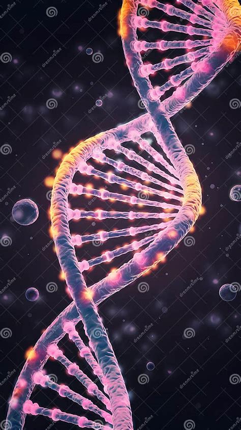 Dna Helix Glowing Orange And Pink With Molecular Particles In Dark Background Stock Illustration