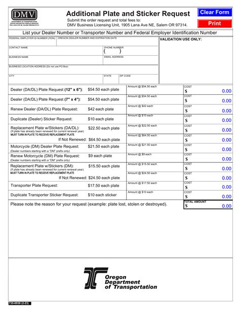 Oregon Dmv Form 735 6938 Additional Plate And Sticker Request Forms